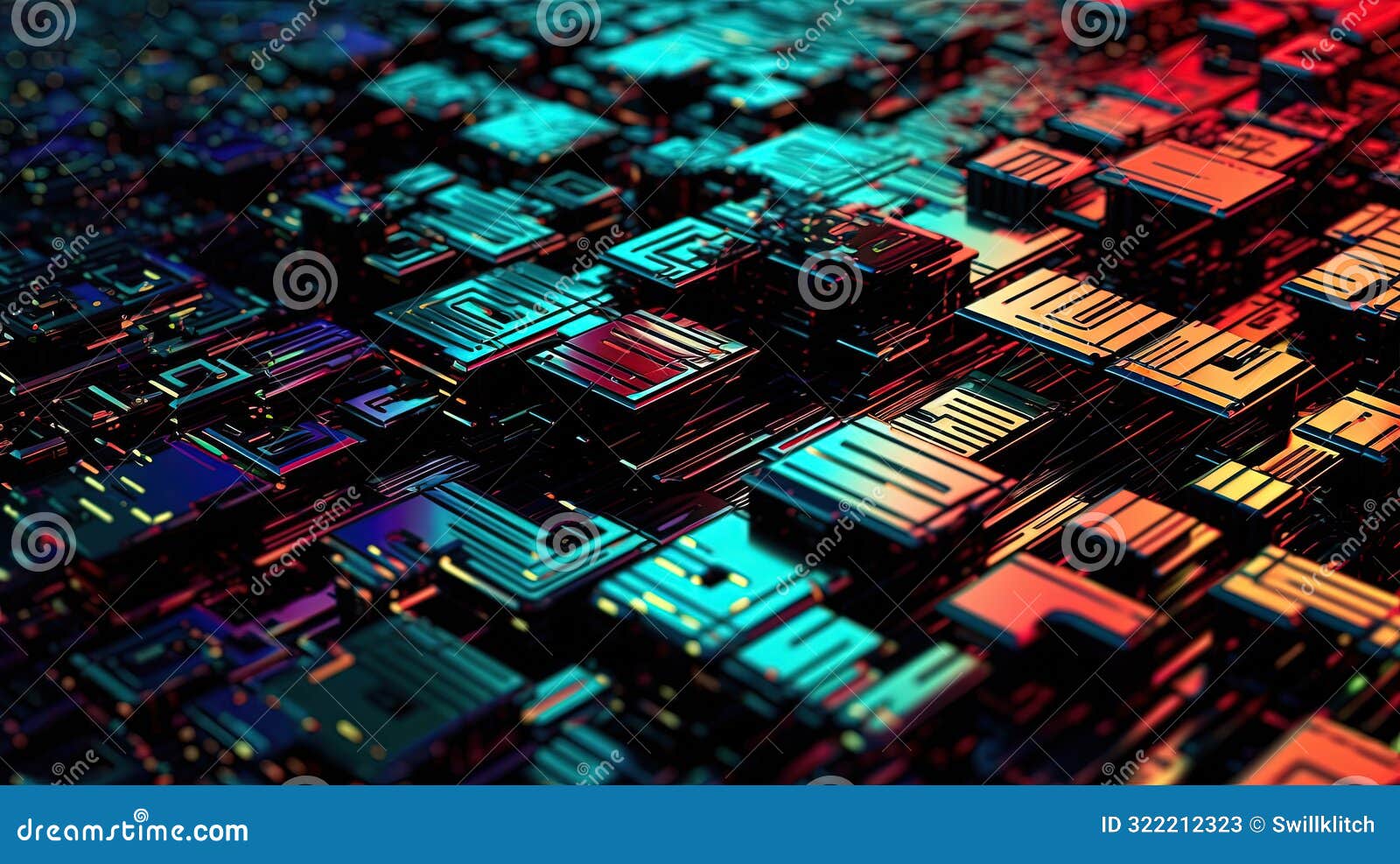 Abstract Motherboard Structure With Blocks And Chips In Purple And Blue ...