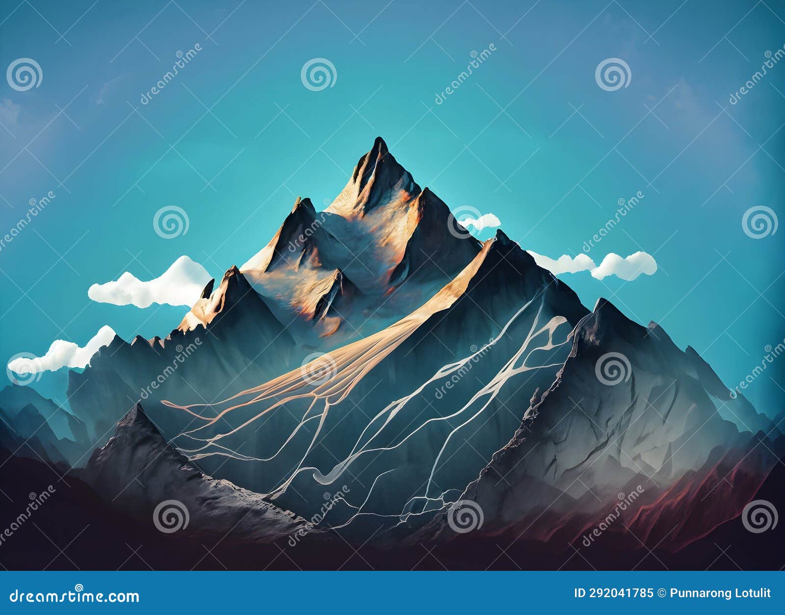 Mountain Peak and Tree Landscape with Could Overlayed in the Foreground ...