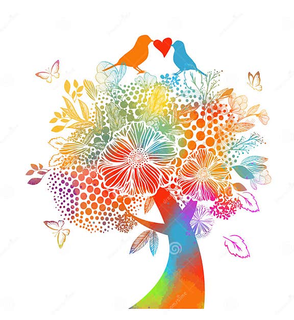 Abstract Multi-colored Flower Tree with Butterflies. Vector ...