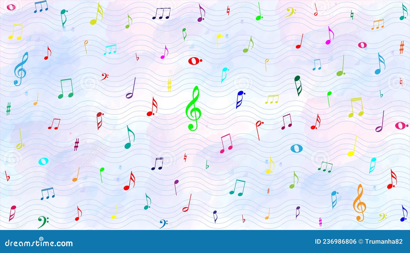 Vector Colorful Music Notes in Wavy Staves and Pastel Watercolor ...