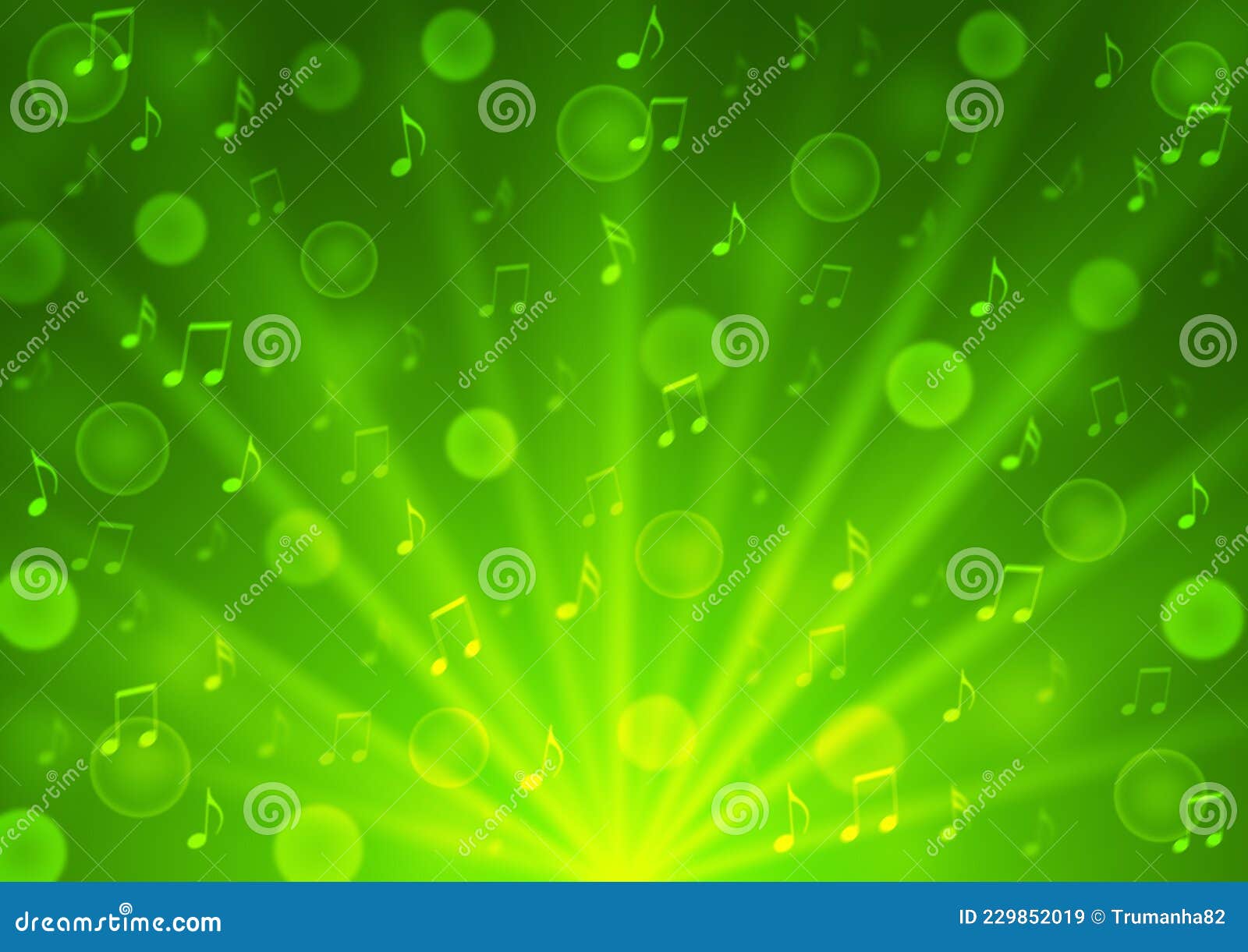 Abstract Music Notes, Light Rays, Bokeh And Bubbles In Green Gradient ...