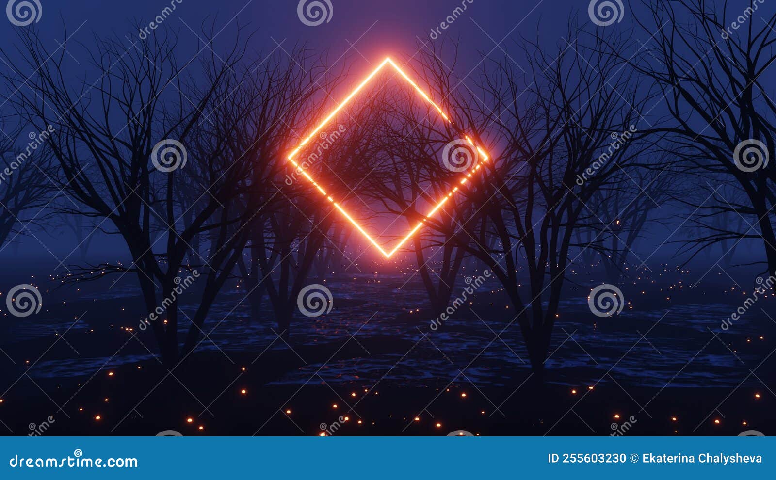Abstract Mystical Forest in the Dark with Fog and Glowing Objects Stock ...