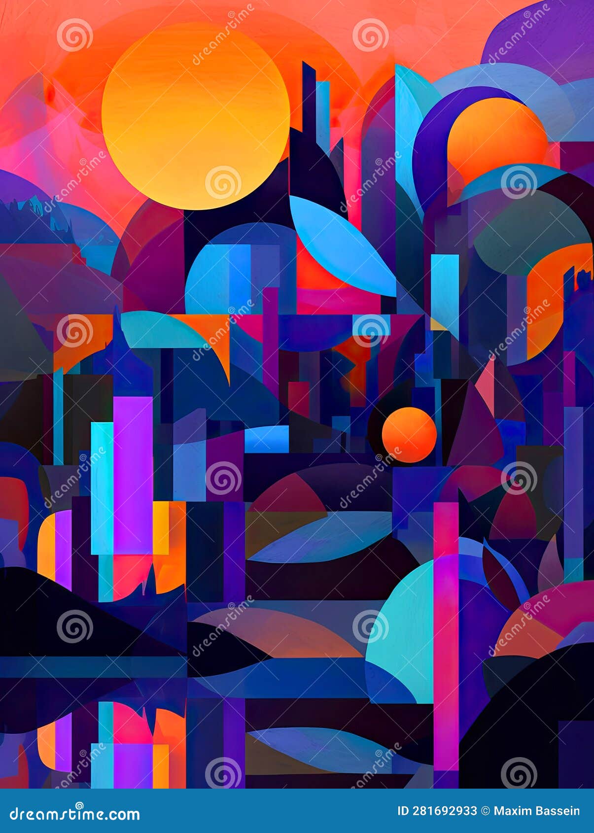 Abstract Natural Landscape in the Style of Flat Cubism in Blue-red ...