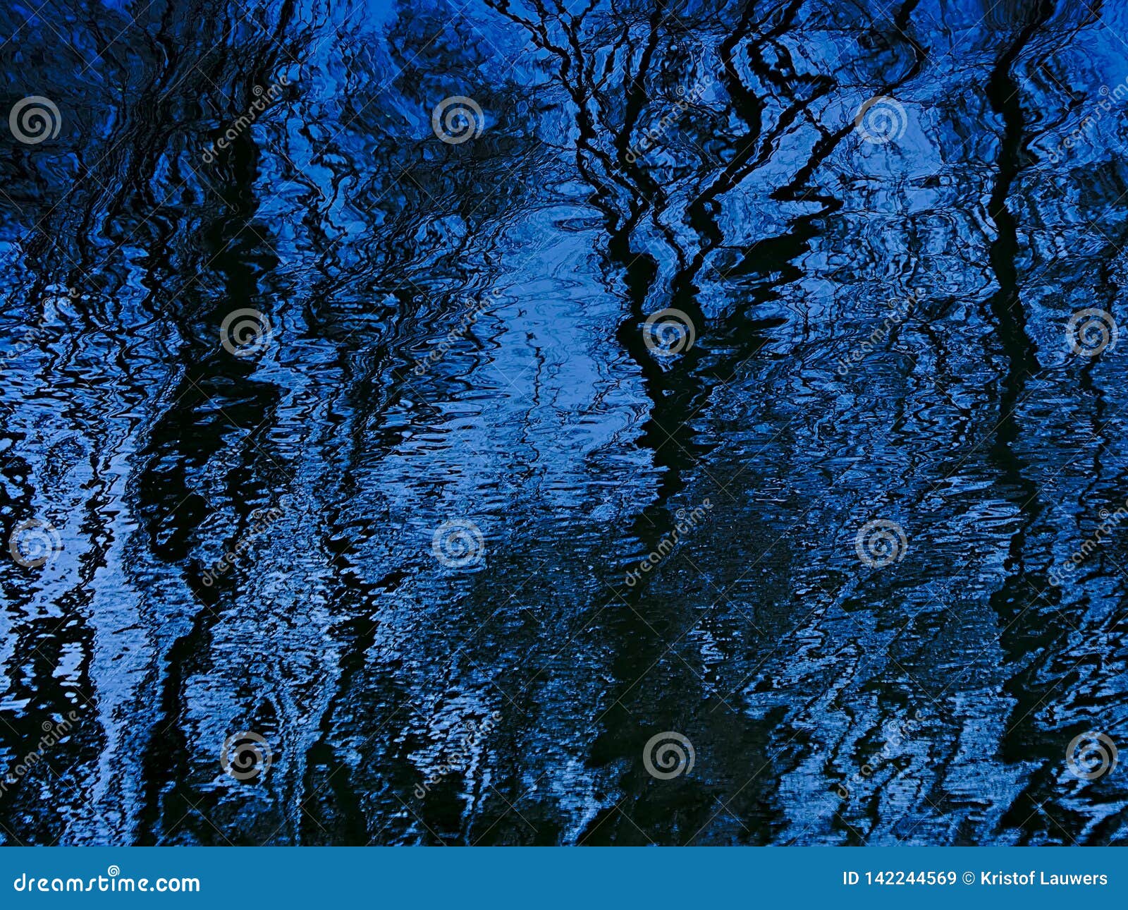 Deep Blue Rippling Water Surface with Reflections of Bare Trees and Sky ...