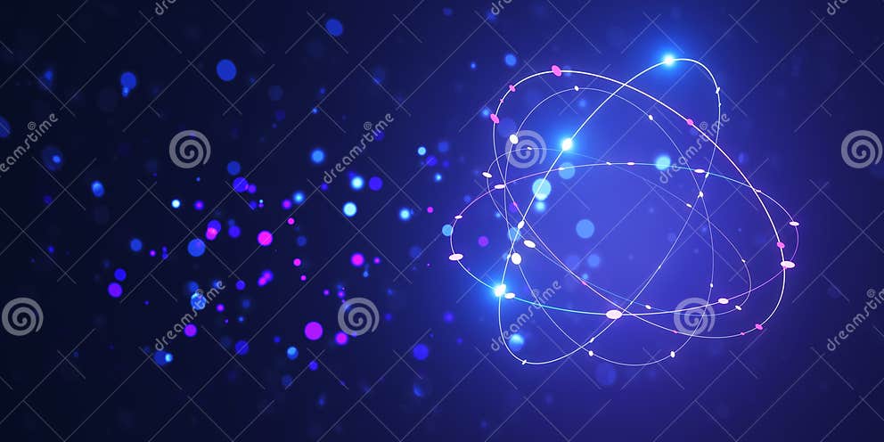 Abstract Neon Atom Model with Orbiting Particles on a Dark Blue ...
