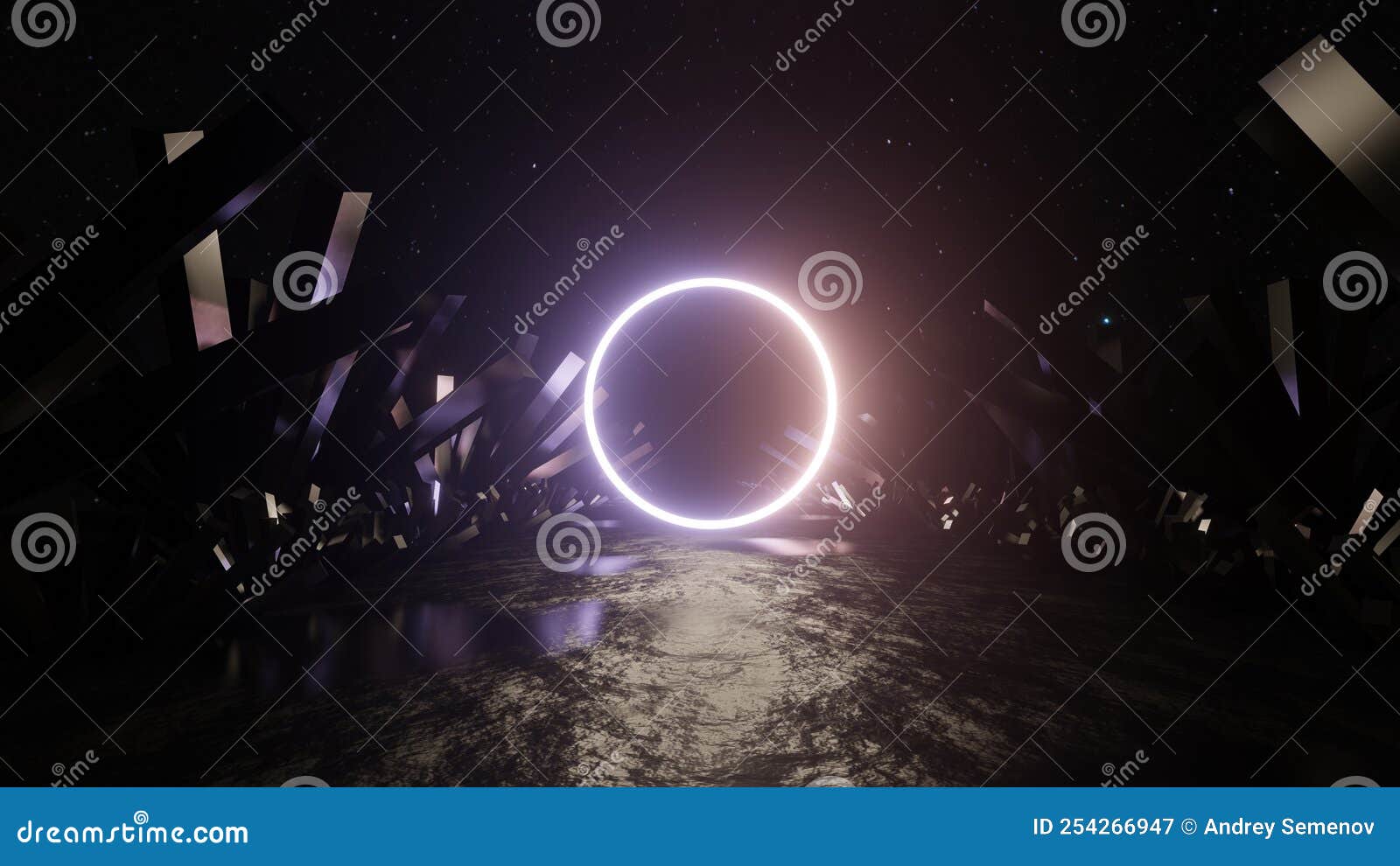 Abstract Neon Background Glowing Circle Among Crystals 3d Render Stock Illustration