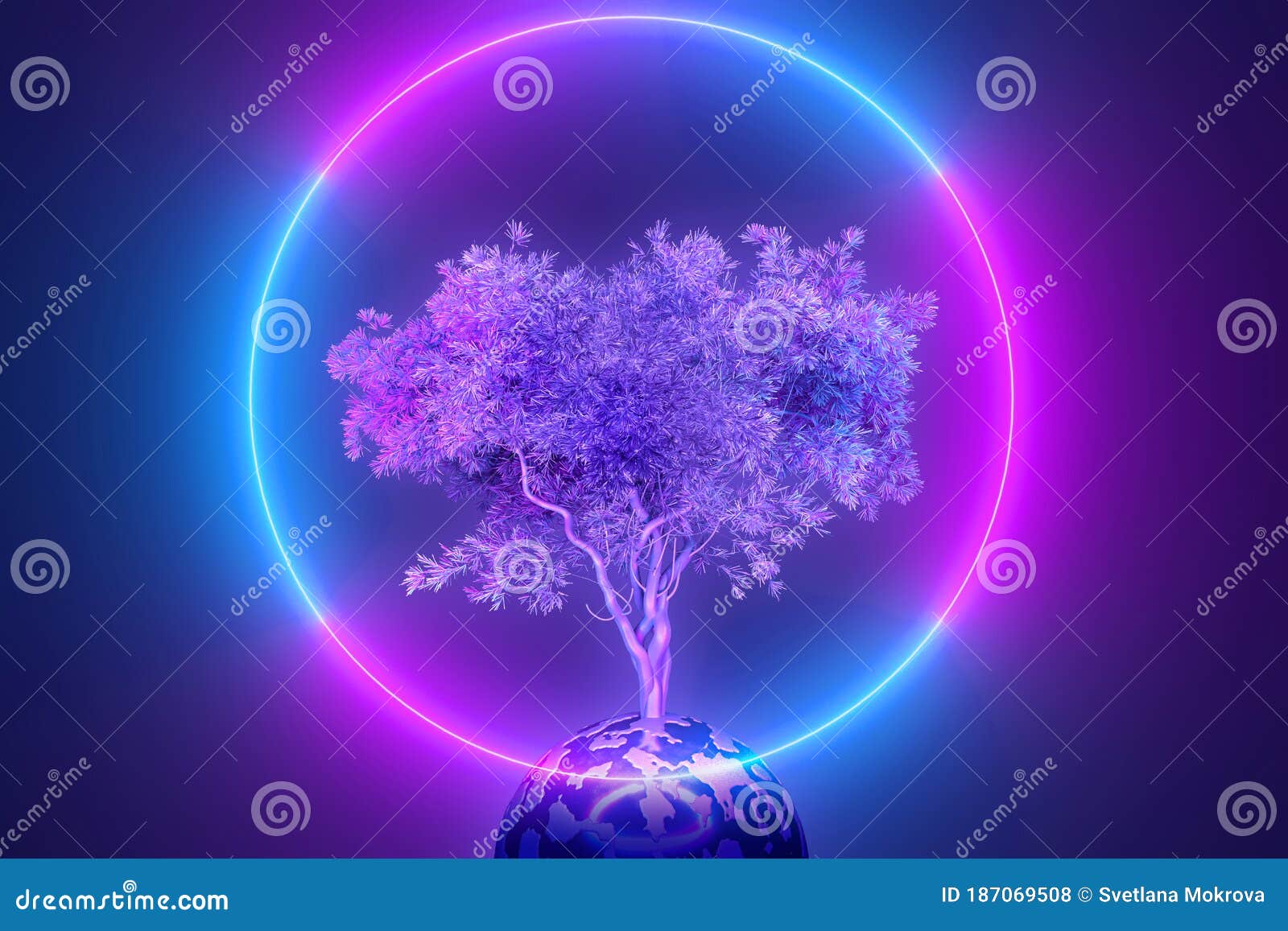 Abstract Neon Background, Mystical Cosmic Tree Sprouting Through A ...