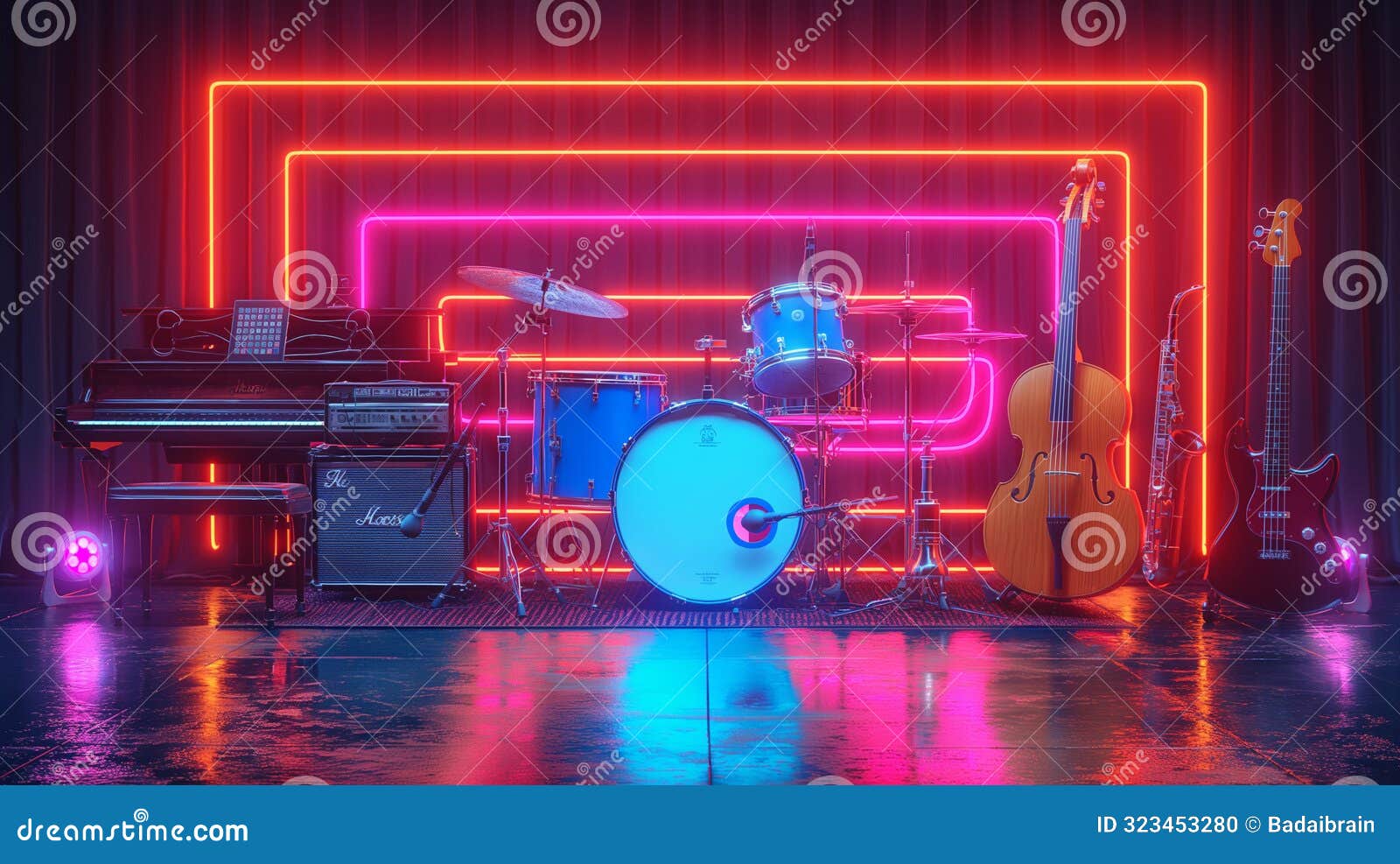 Abstract Neon Background on the Theme of Musical Instruments. Stock ...