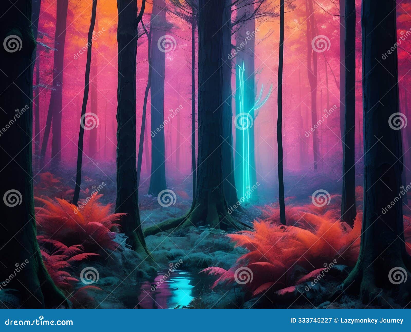 Abstract Neon Bright Light Mystical Forest Art Background Stock ...