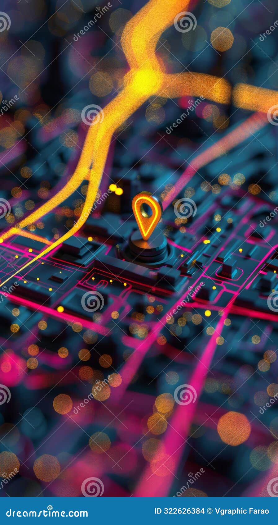 Abstract Neon City Map With Location Pin And Glowing Pathways Stock ...