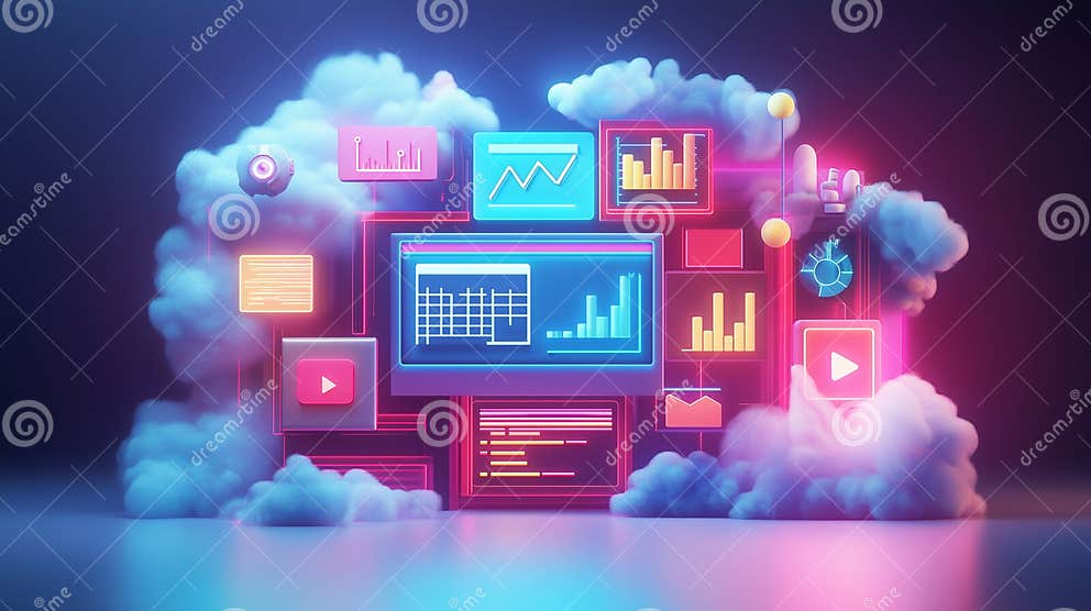 Abstract Neon Cloud Interface with Floating Graphs and Analytics Widgets Stock Illustration ...