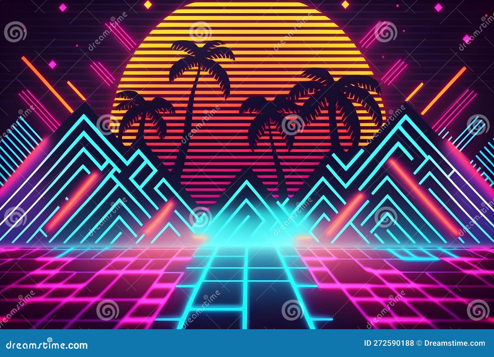 Abstract Neon Colorful Retro Synthwave Style Background with Palms and ...