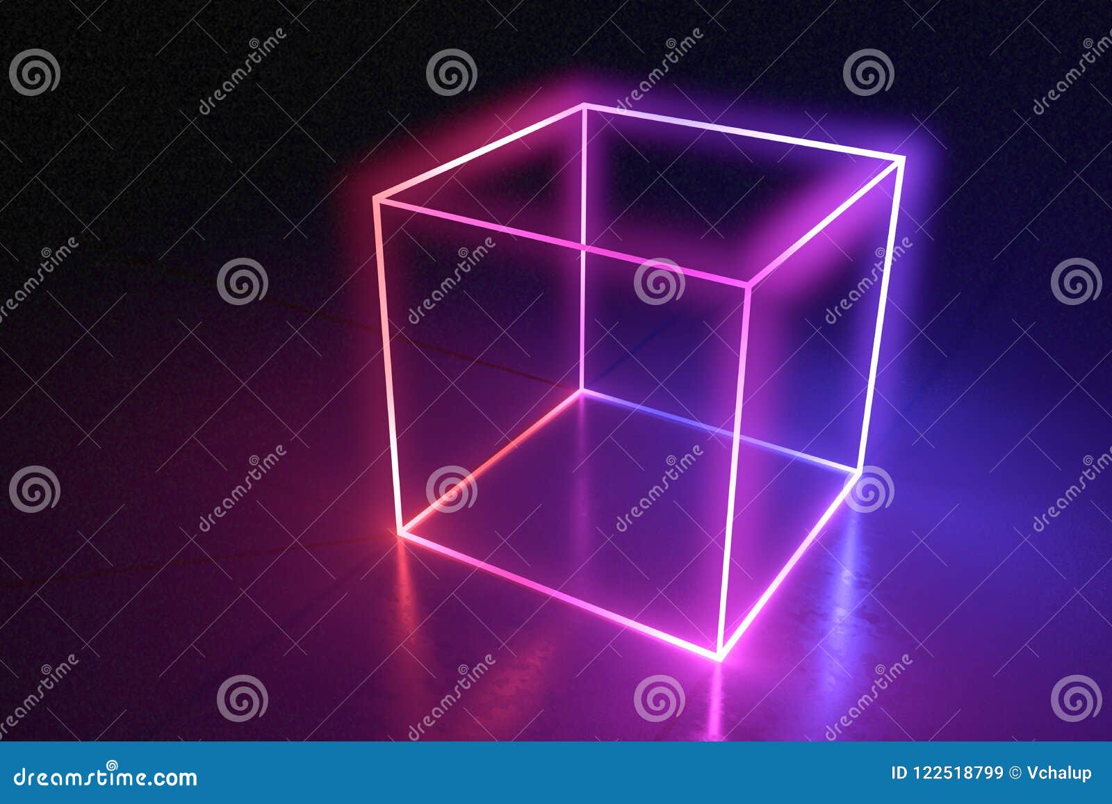 Abstract Neon Cube Brightly Shining in Dark Room. 3D Rendered ...