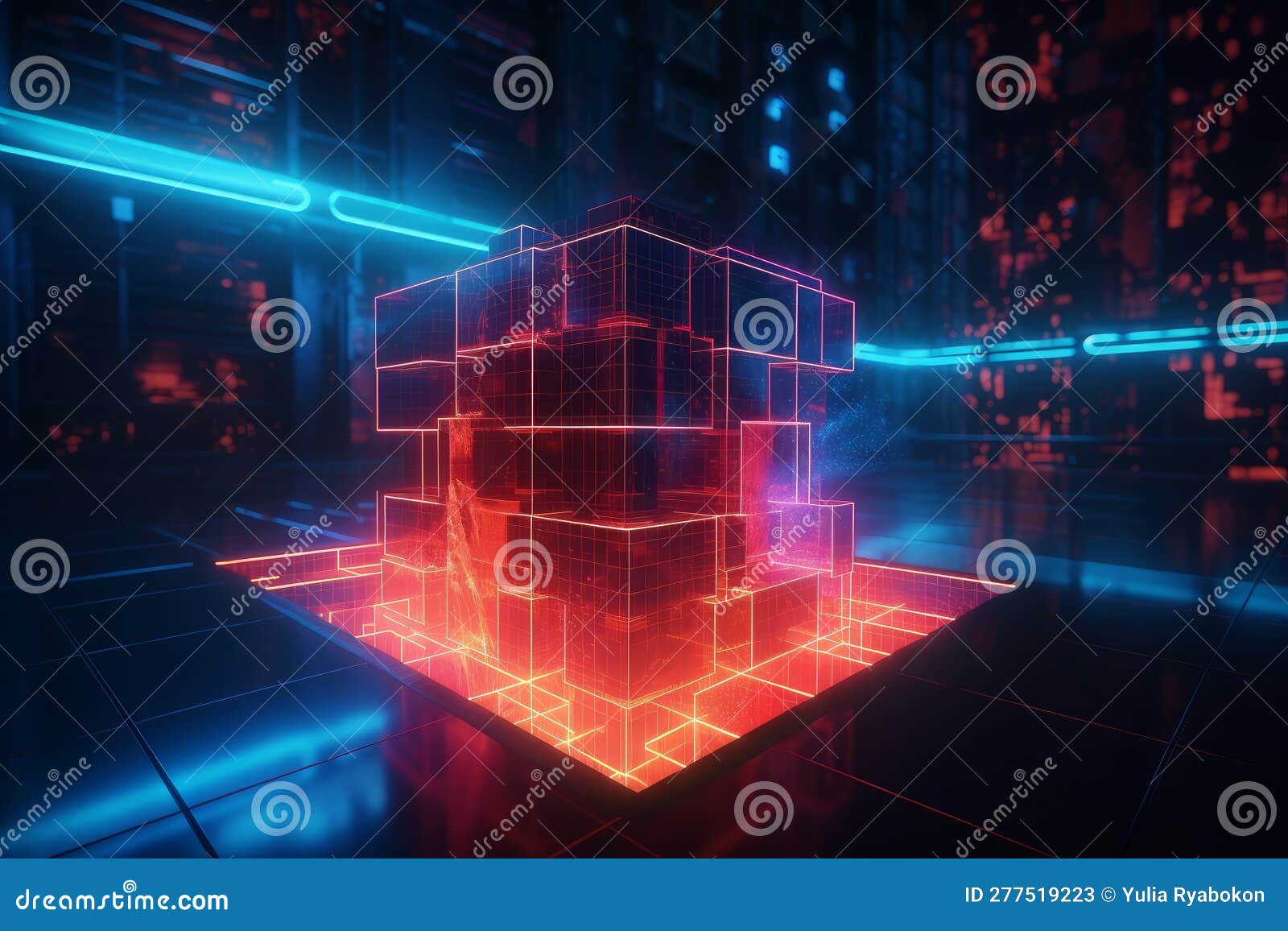 Neon Cube In Perspective With Lens Flare And Glowing Particles Vector ...