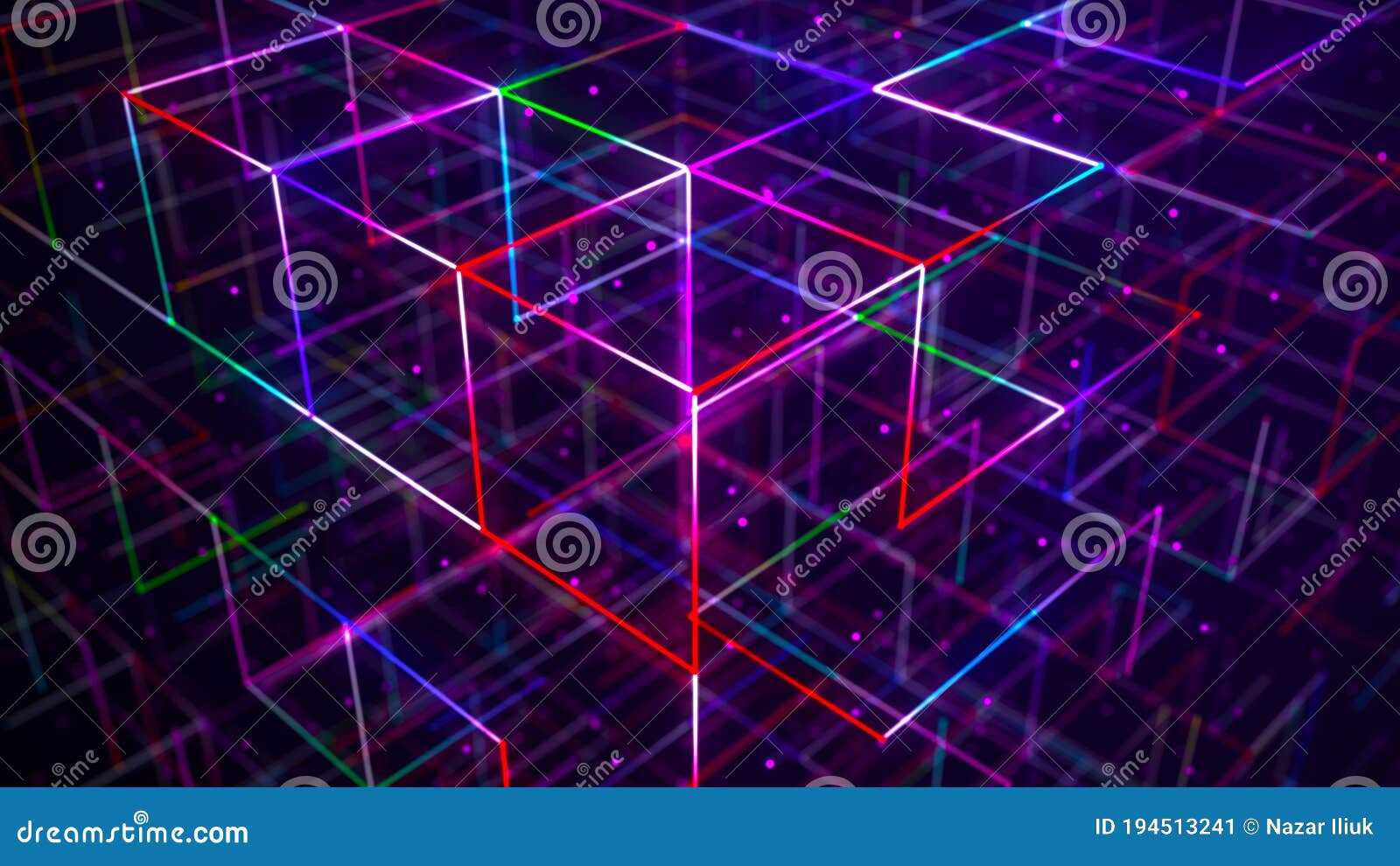 Abstract Neon Cube. Glowing Mesh with Static. Cyberpunk Signboard ...