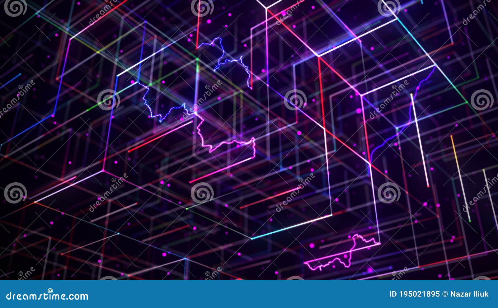 Abstract Neon Cube. Glowing Mesh with Static. Cyberpunk Signboard ...