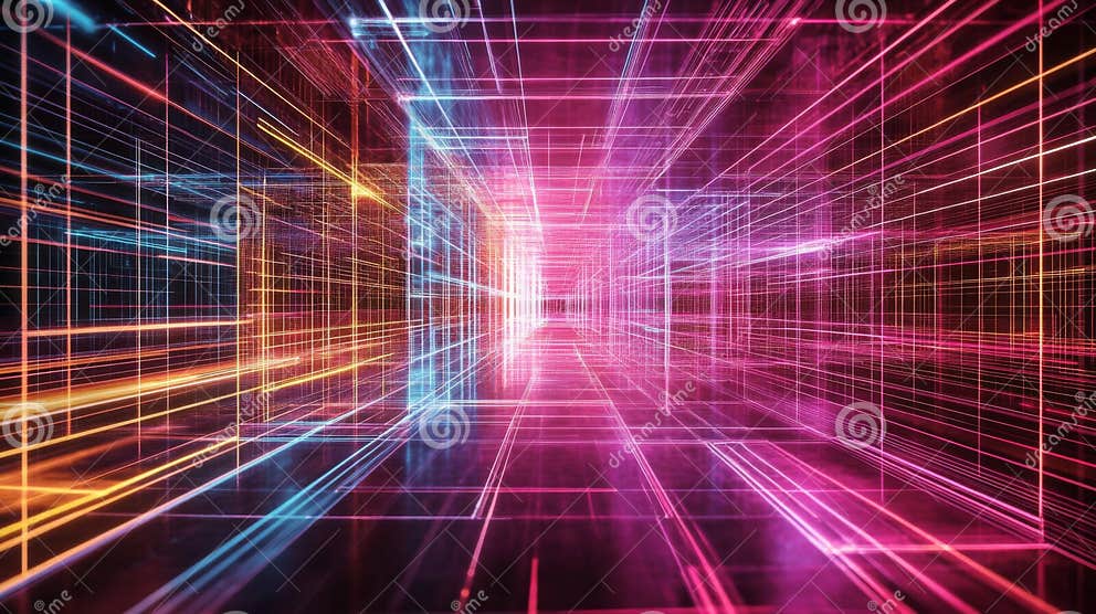 Abstract Neon Grid Corridor with Glowing Lines Stock Illustration ...