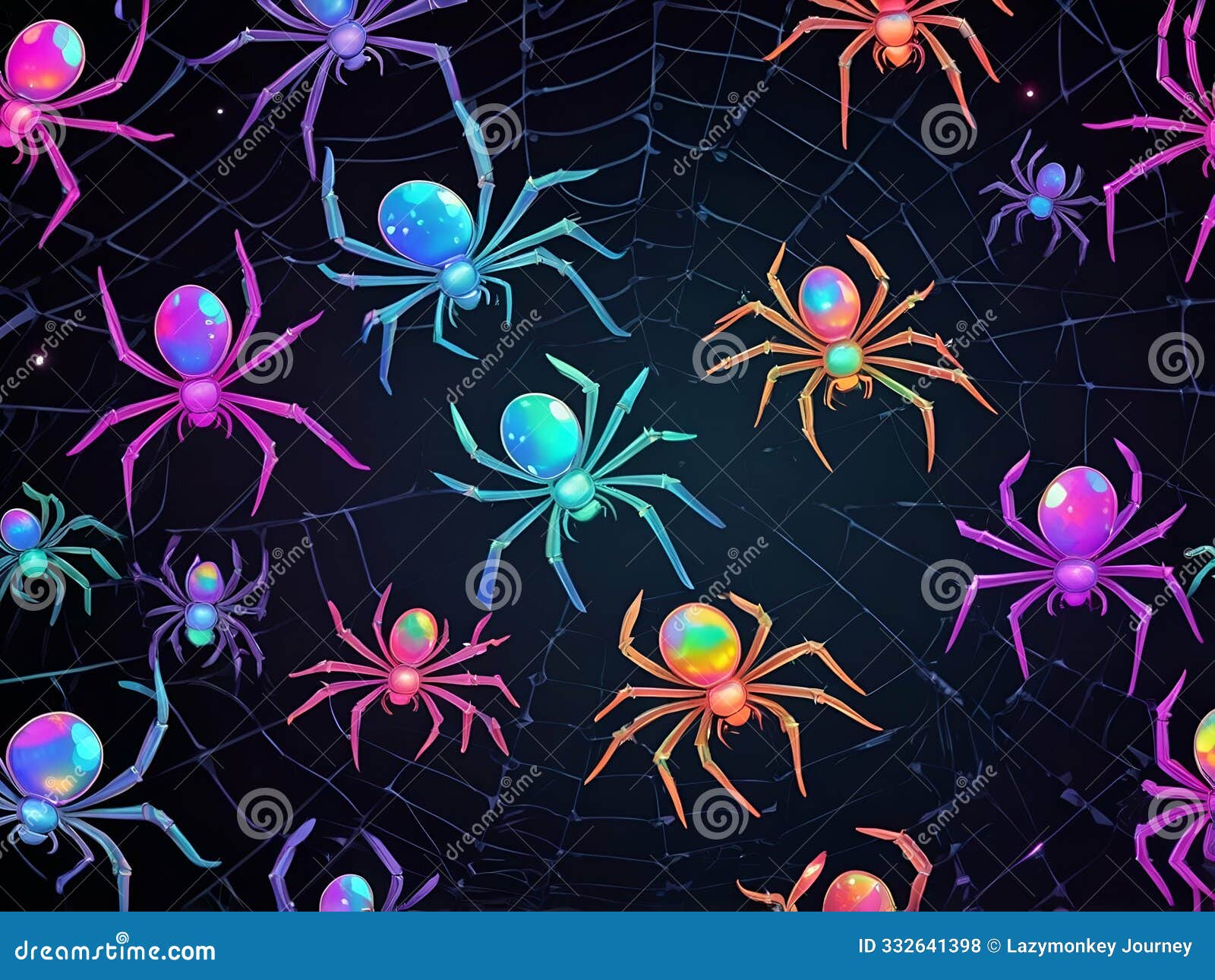 Abstract Neon Holographic Pattern of Multicolored Cute Cartoon Spiders ...