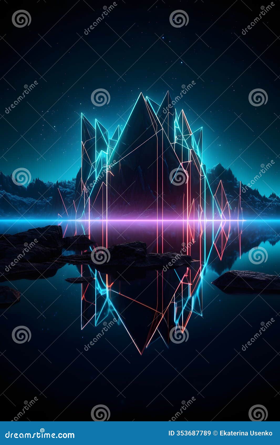 Abstract Neon Landscape with Geometric Shape Reflection Stock Image ...