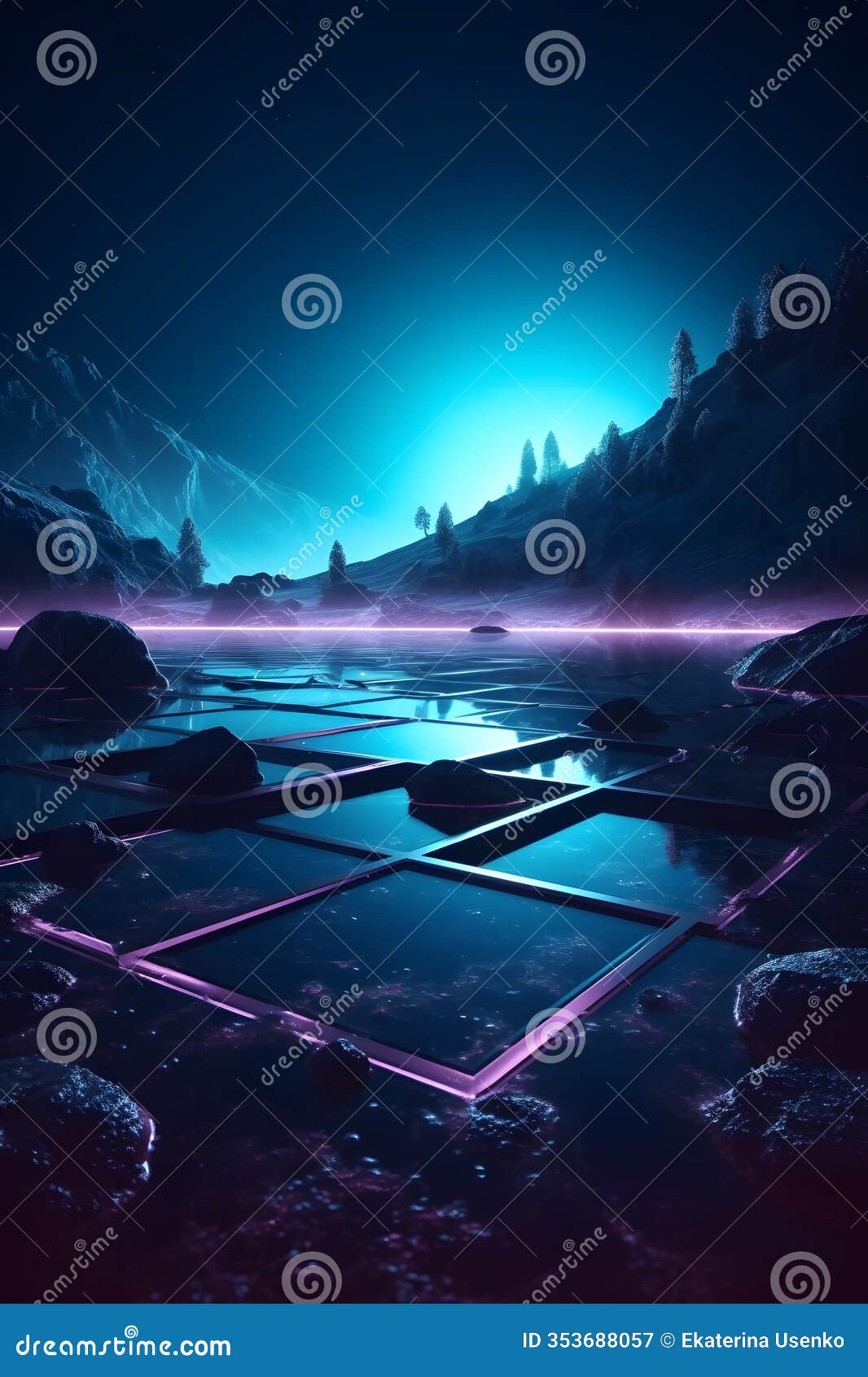 Abstract Neon Landscape with Geometric Shape Reflection Stock Image ...