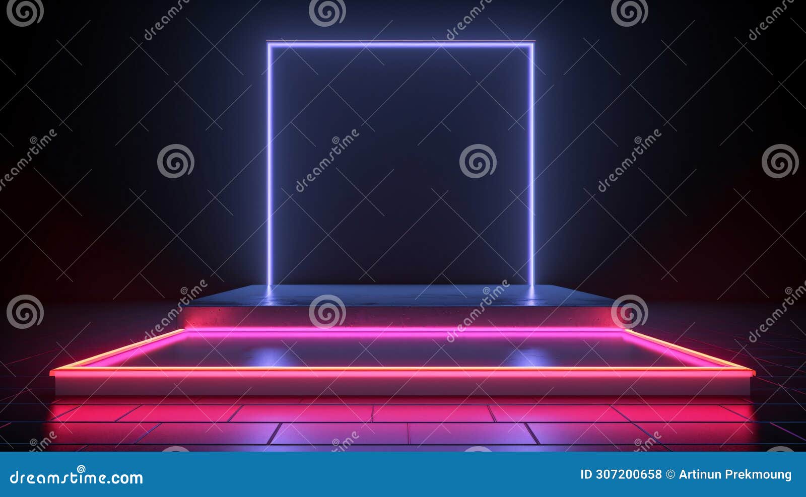Abstract Neon Light Geometric Background. Rectangle Stage Product Display. Glowing Neon Lines ...