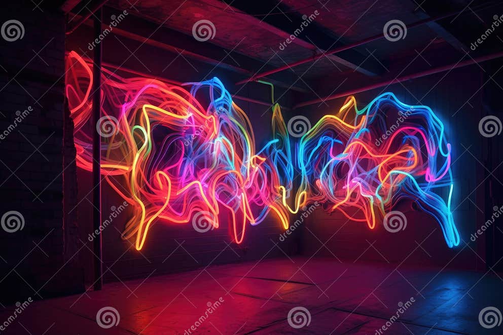 Abstract Neon Light Installation on a Dark Wall Stock Illustration ...