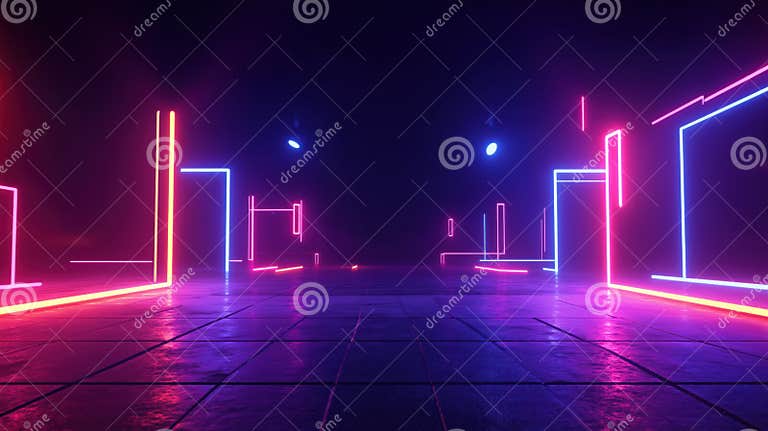 Abstract Neon Light Tech Scene. Empty Space with Geometric Shapes ...