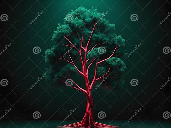 Abstract Neon Light Tree in Dark Green Dark Background Stock ...