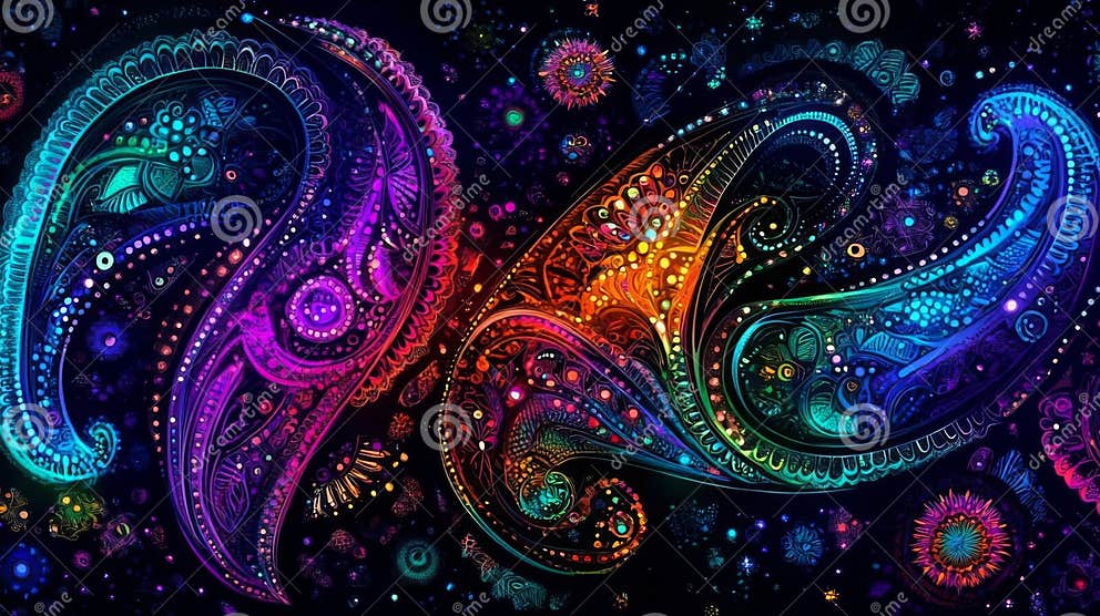 Abstract Neon Paisley Pattern on a Black Background Stock Illustration ...