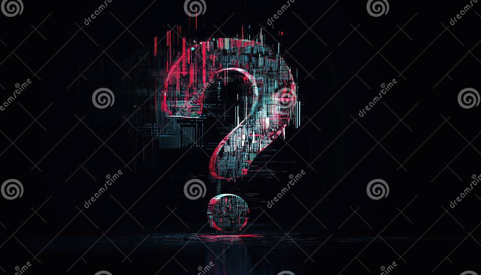 Abstract Neon Question Mark with Glitch Effect on Black Background ...