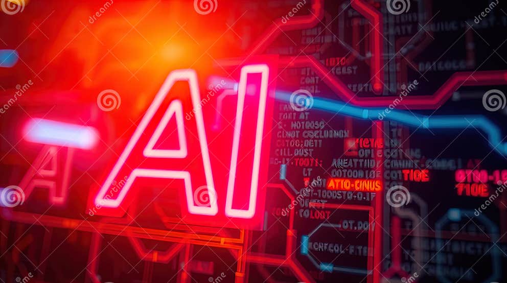 Abstract Neon Technology Background with AI Text and Programming Codes ...