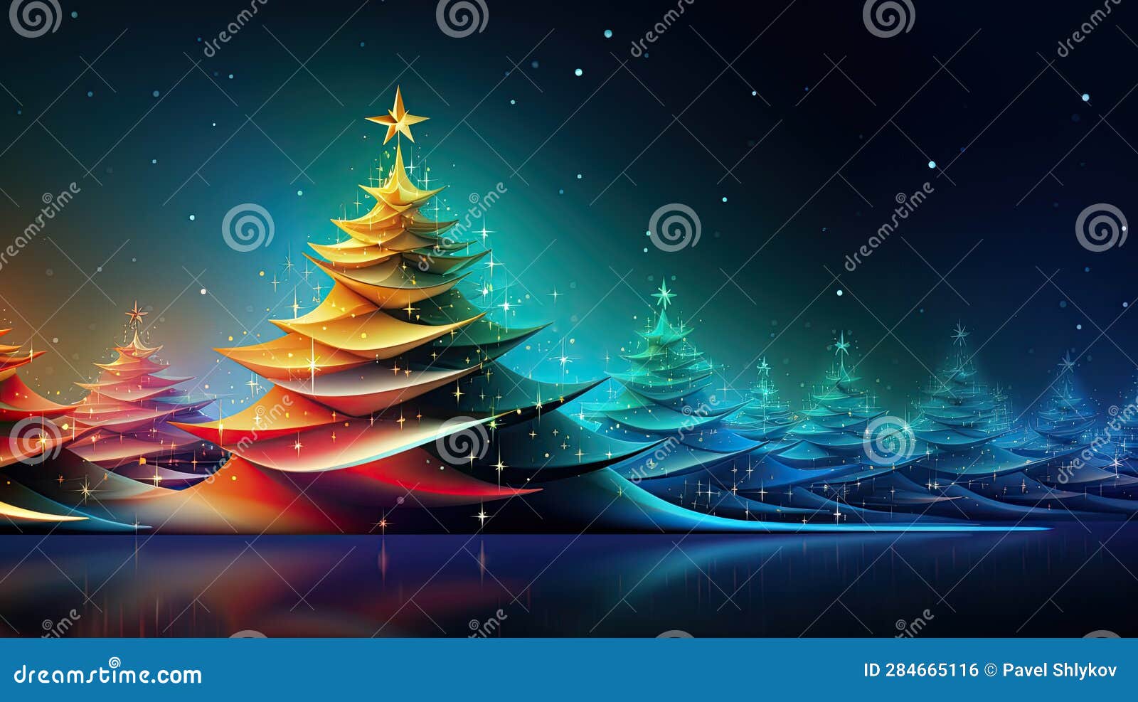 Abstract Neon Waves Winter Artwork, Xmas Tree Stock Illustration ...