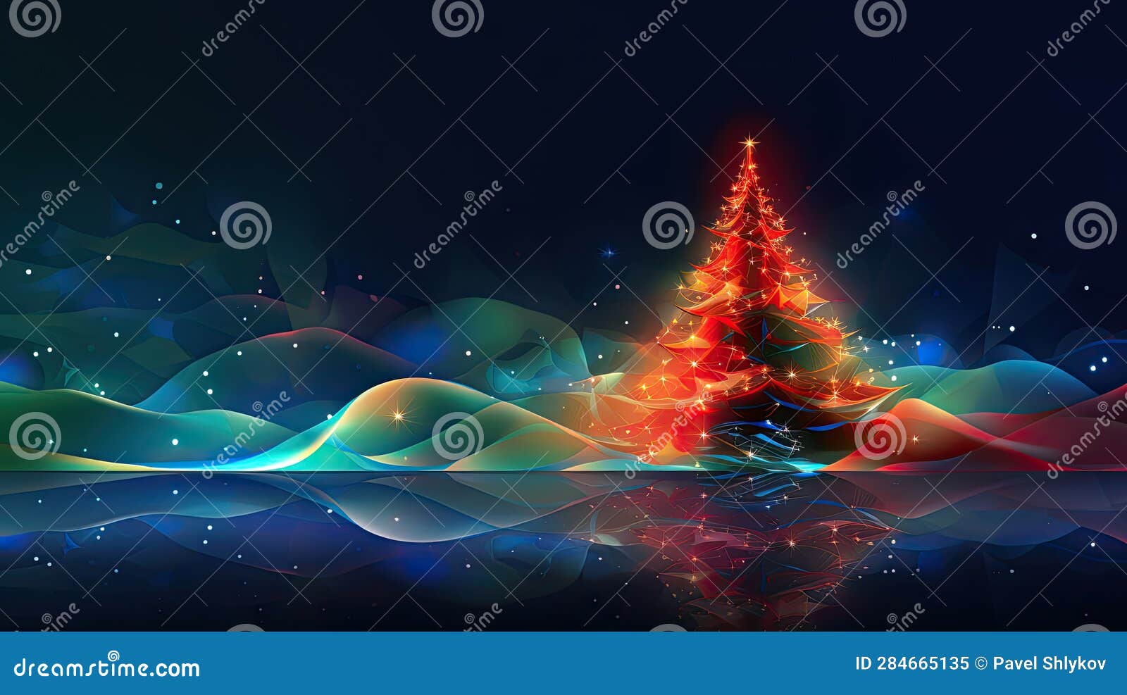 Abstract Neon Waves Winter Artwork, Xmas Tree Stock Illustration ...
