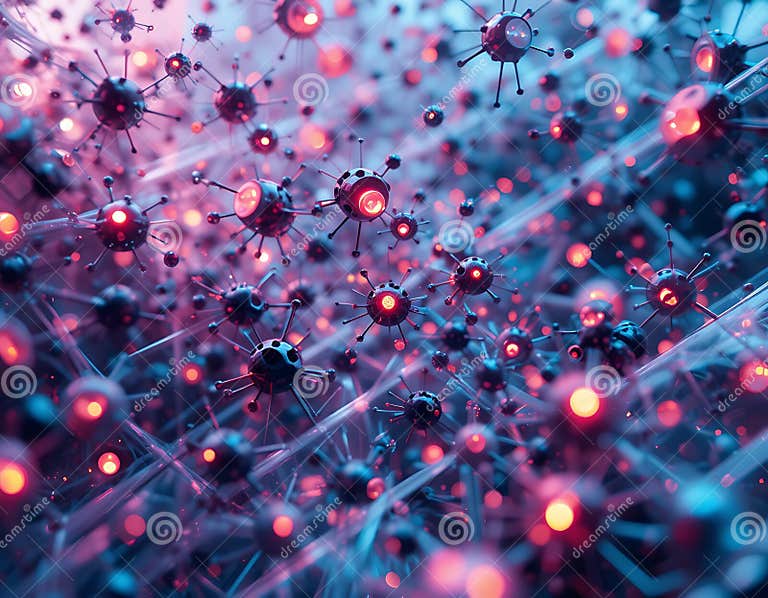 Abstract Network of Glowing Viruses 3d Render Stock Illustration ...