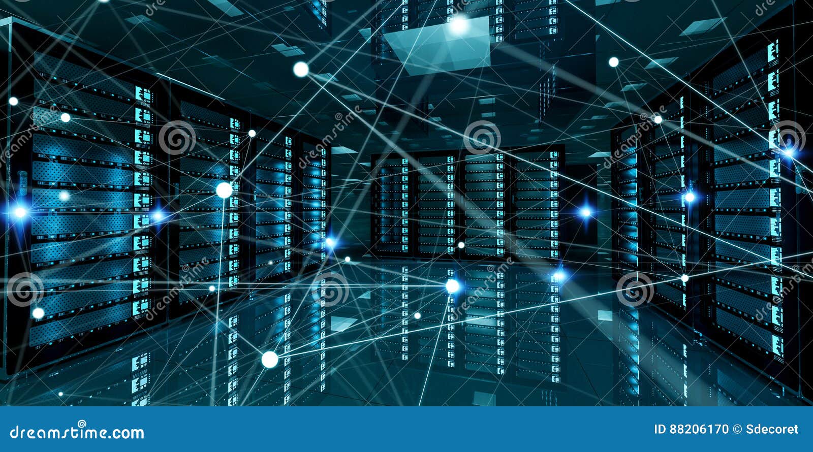 Abstract Network on Server Room Data Center 3D Rendering Stock ...