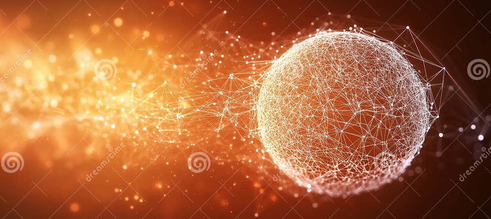 Abstract Network Sphere with Connected Points Motion and Glowing Orange ...