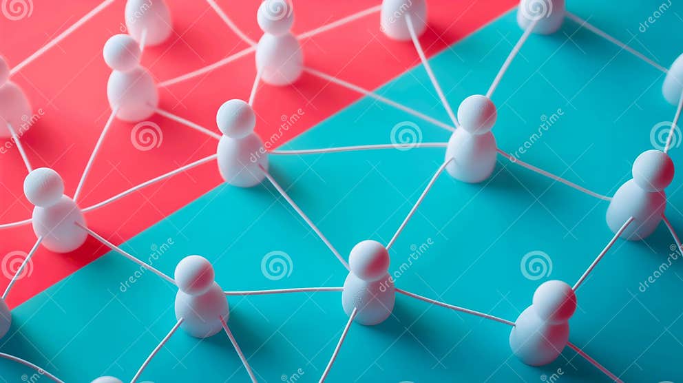 Abstract Network of White Figurines Connected by Strings on a Pink and ...