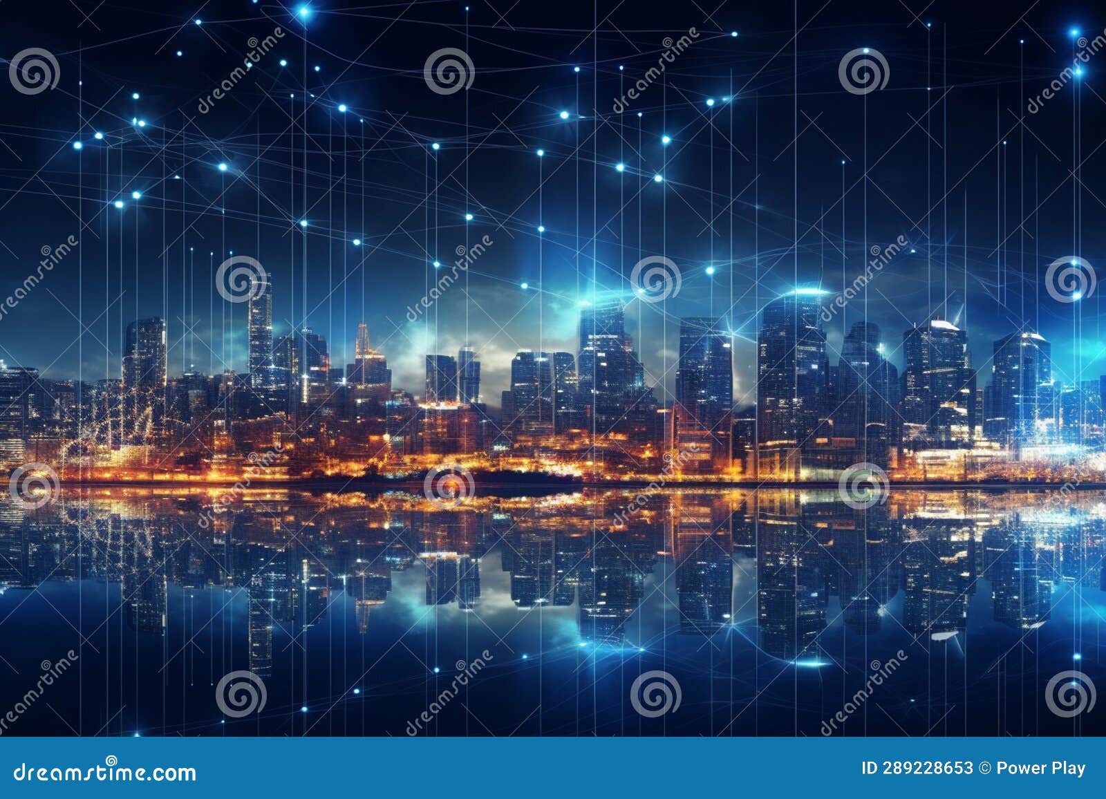 Abstract Night City with Lights and Connection Lines. 3D Rendering ...