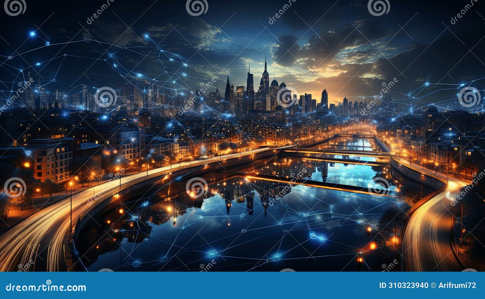 Abstract Night City Map with Technology Network Big Data Connection ...