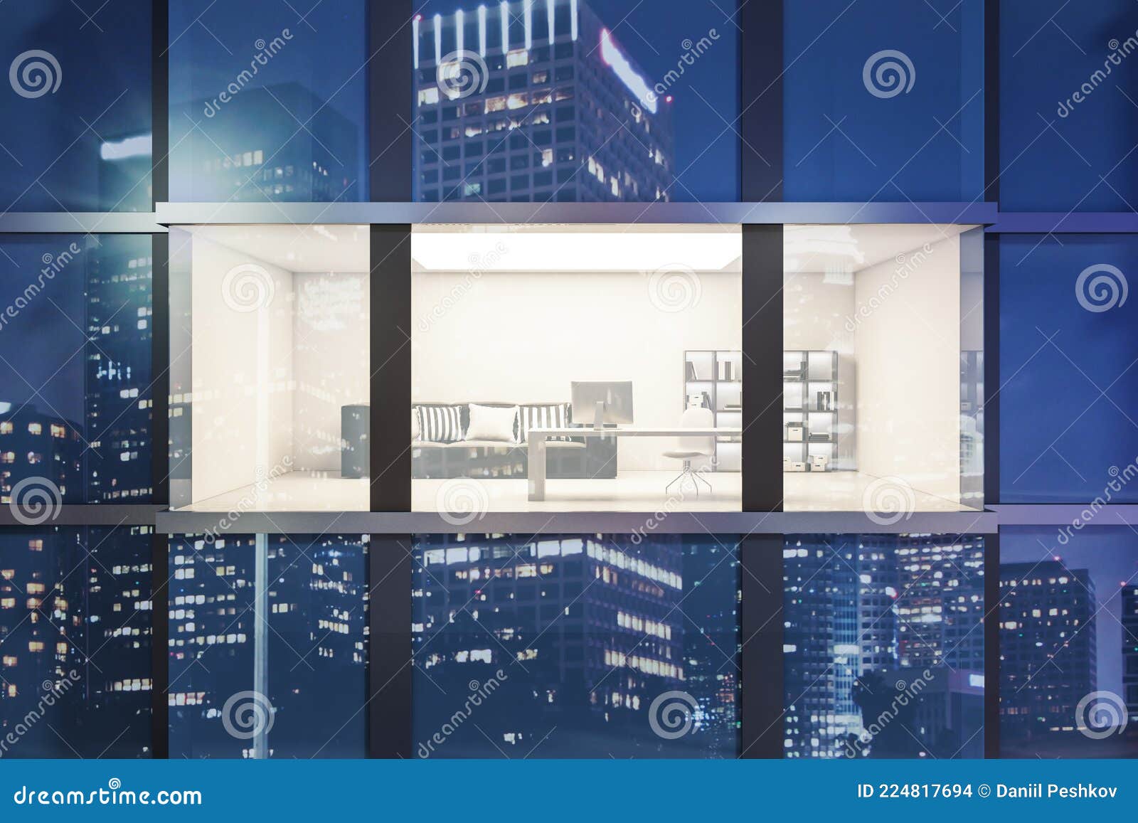 Abstract Night Time Glass Building Exterior with Window and Office ...