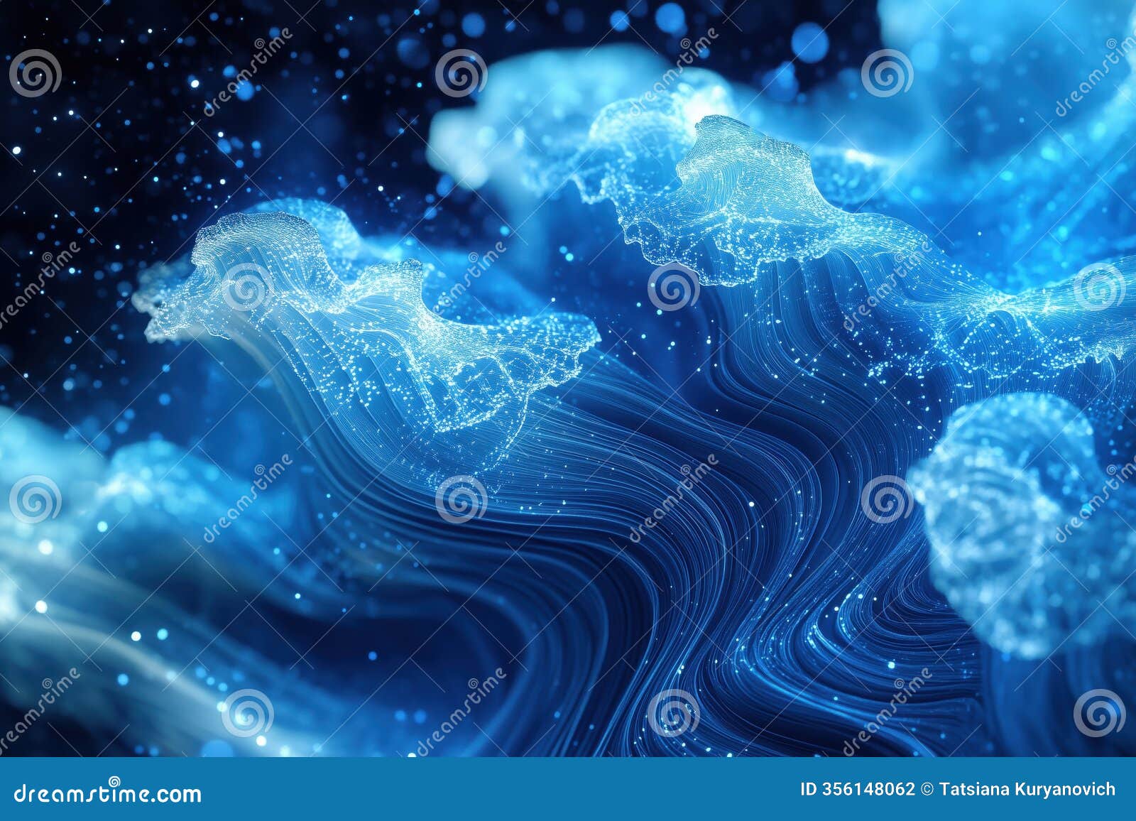 Abstract Ocean Waves, Glowing Blue Light, Ethereal Patterns, Fluid ...