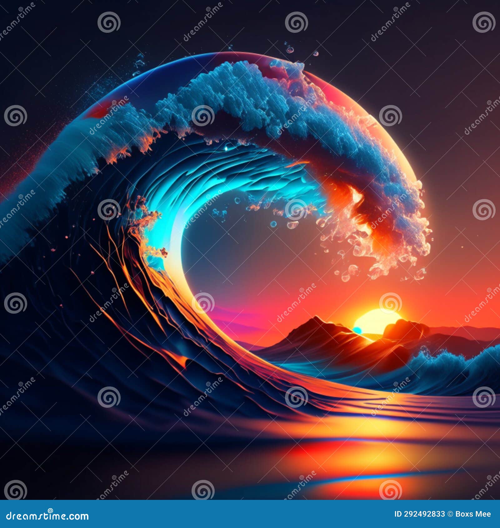 Abstract Ocean Waves at Sunset. 3d Render Illustration. Space ...