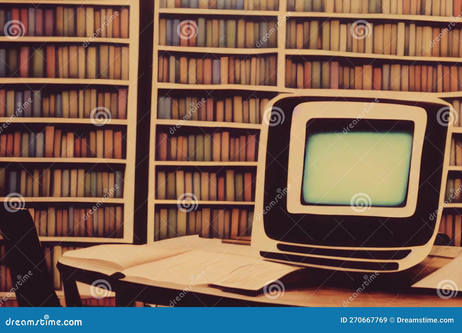 Abstract Old Computer on Desk with Book Shelves in Library Digital ...