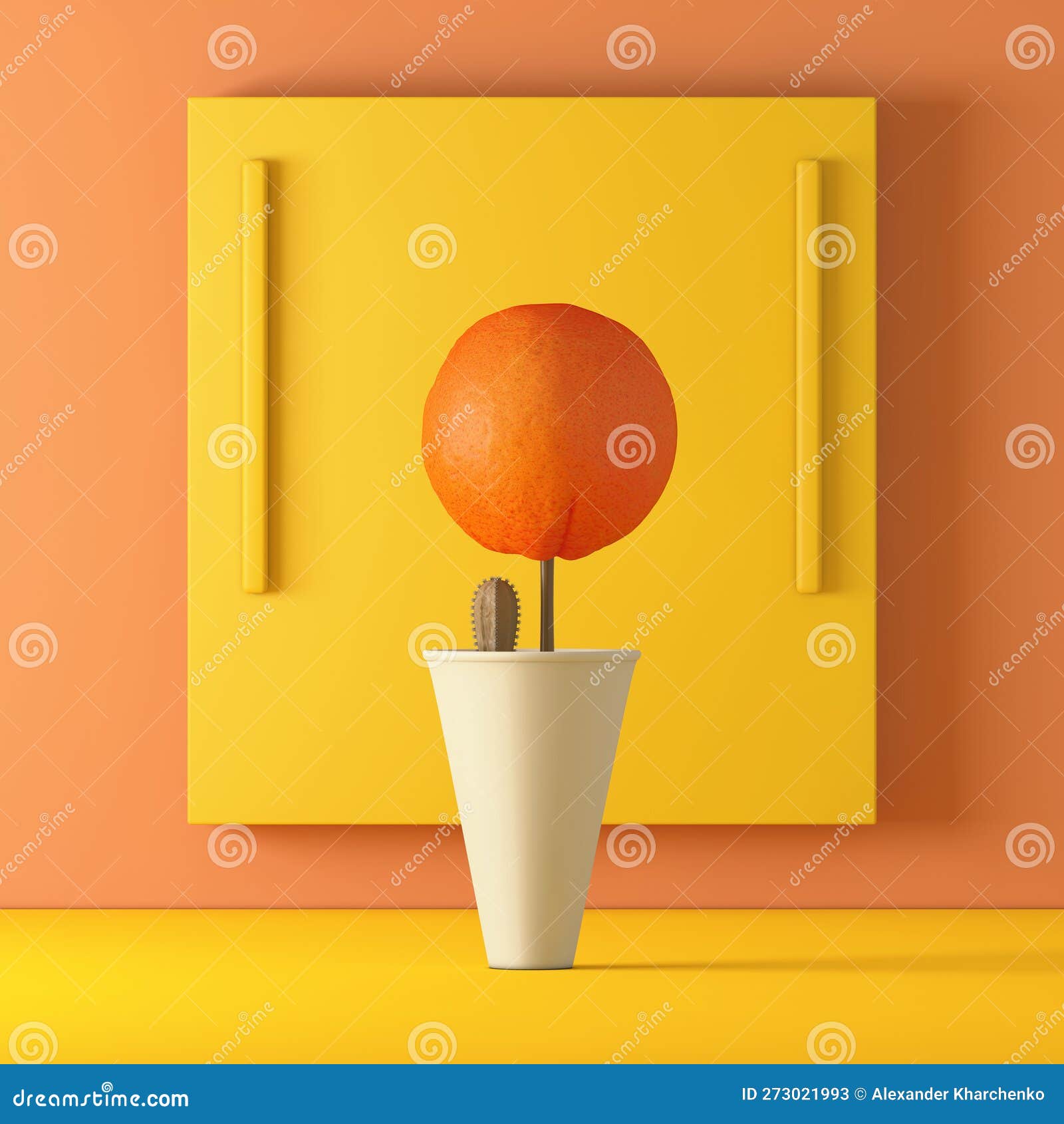 Abstract Orange Fruit with Cactus in Vase Against Yellow Frame. 3d ...