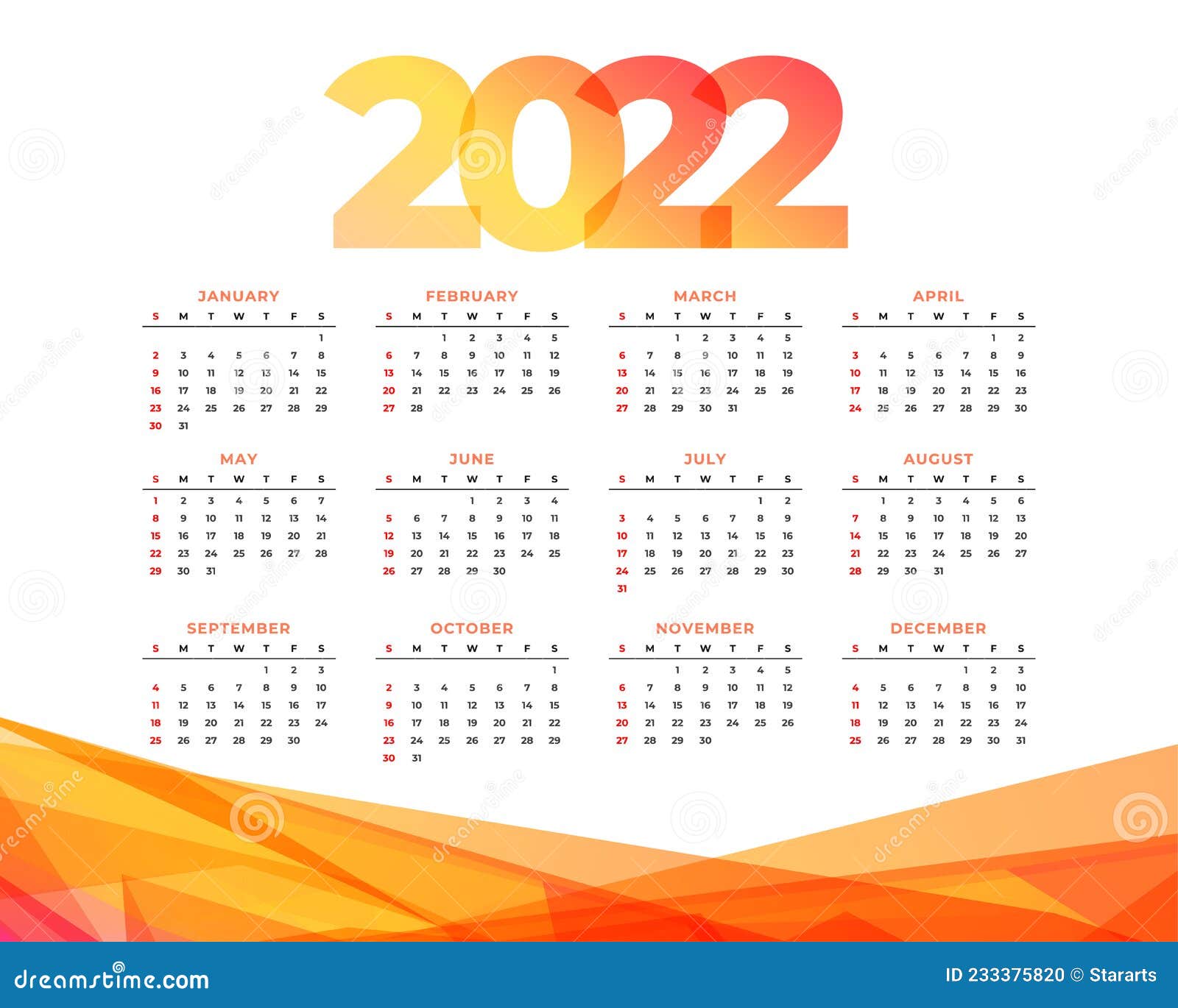 Abstract Orange 2022 New Year Calendar Design Stock Vector ...
