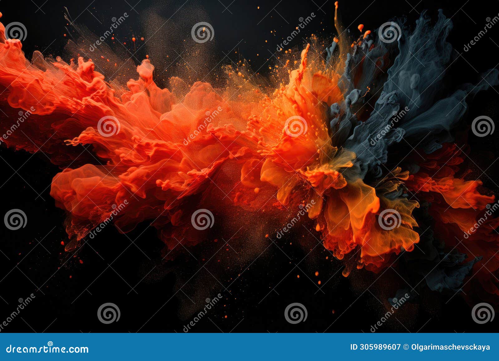 Abstract Orange Powder Explosion. Closeup of Red Dust Particle Splash ...