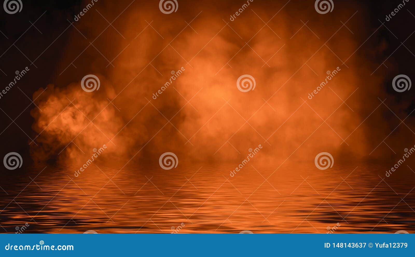 Abstract Orange Smoke with Reflection in Water .Lighting Spotlighting ...