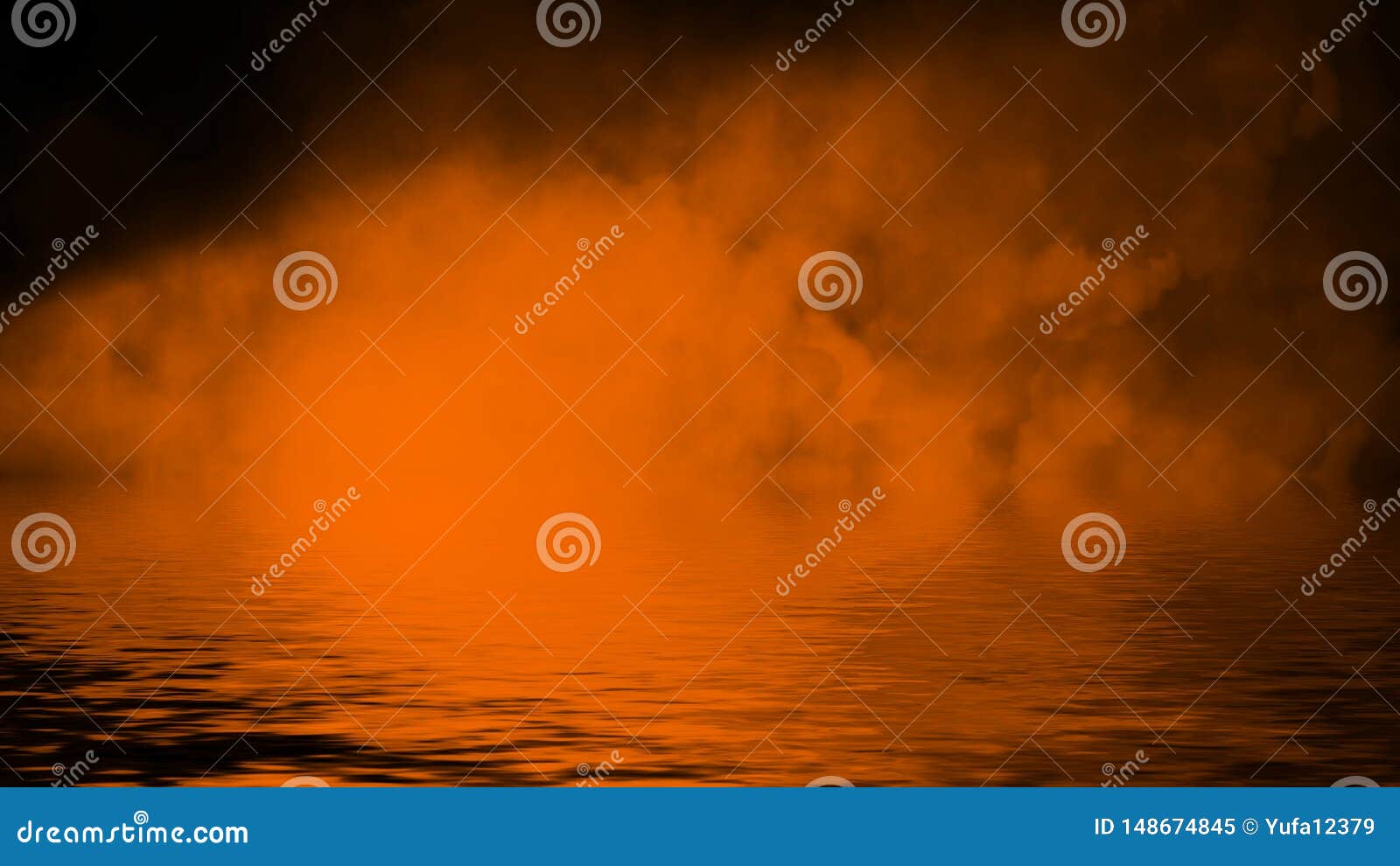 Abstract Orange Smoke with Reflection in Water .Lighting Spotlighting ...
