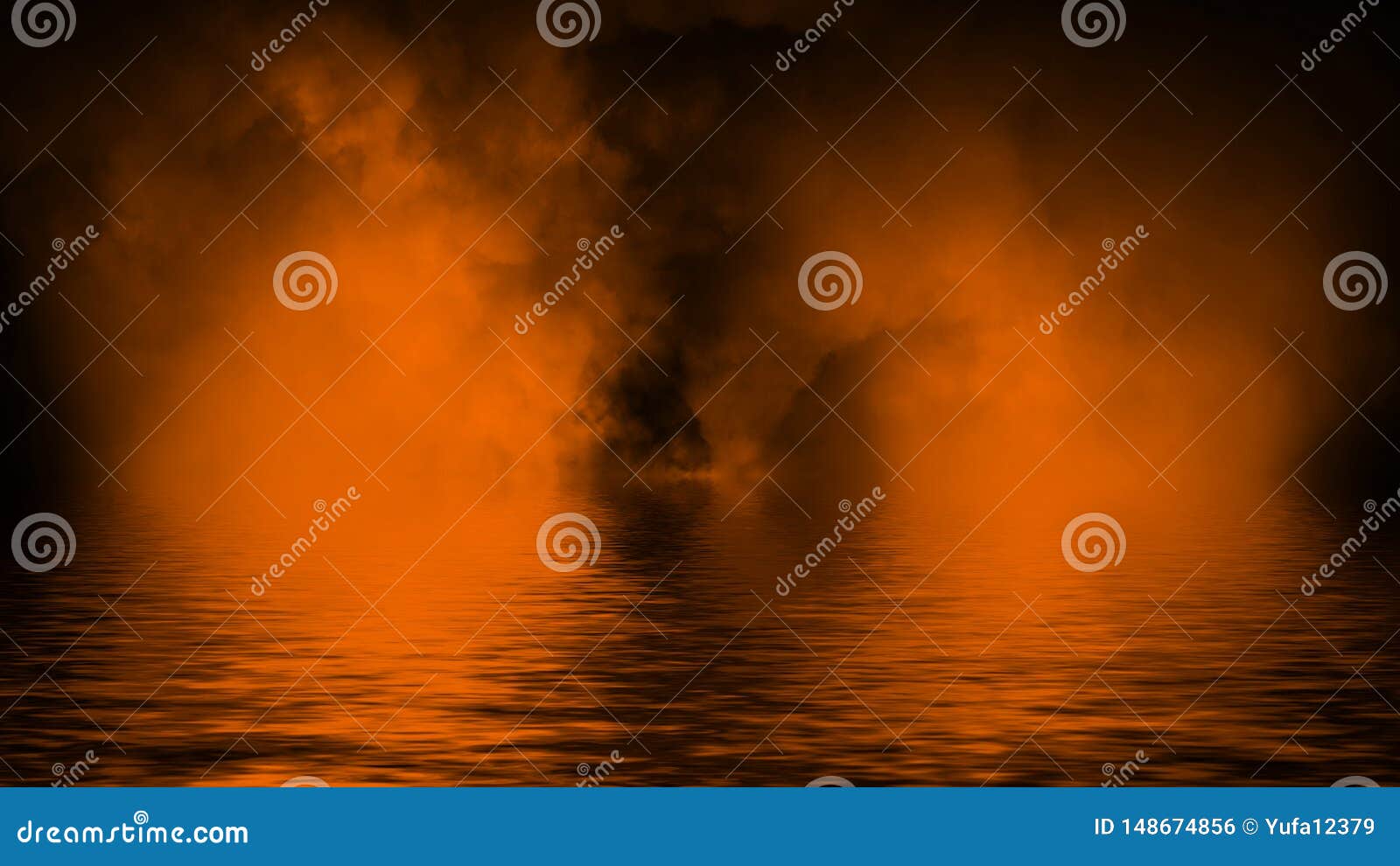 Abstract Orange Smoke with Reflection in Water .Lighting Spotlighting ...