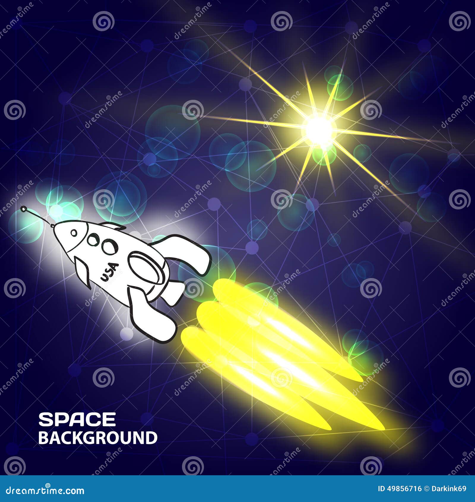 Abstract Painted Space Background with a Flying Rocket and Sun Stock ...